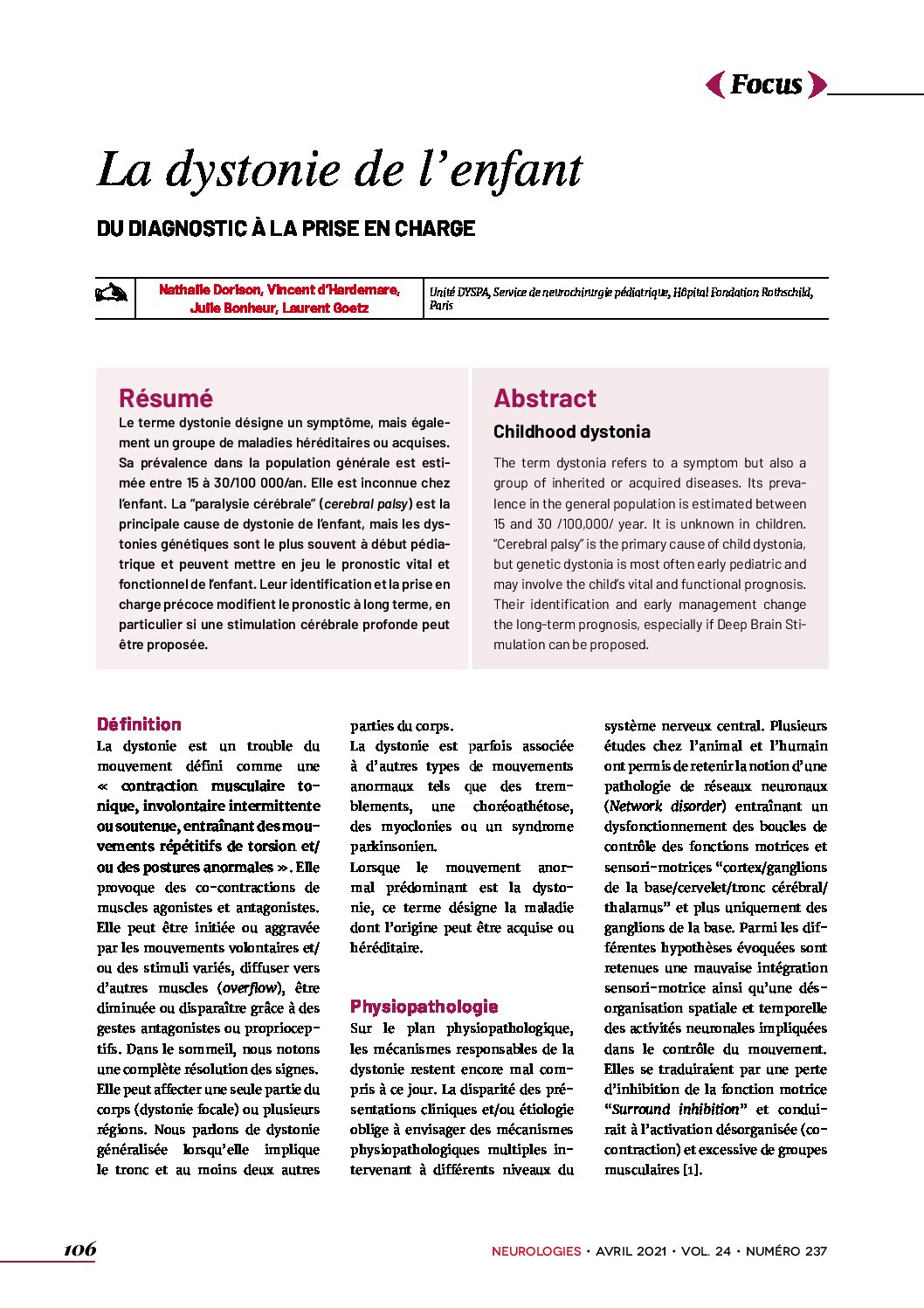 La dystonie de l’enfant DU DIAGNOSTIC À LA PRISE EN CHARGE - Amadys